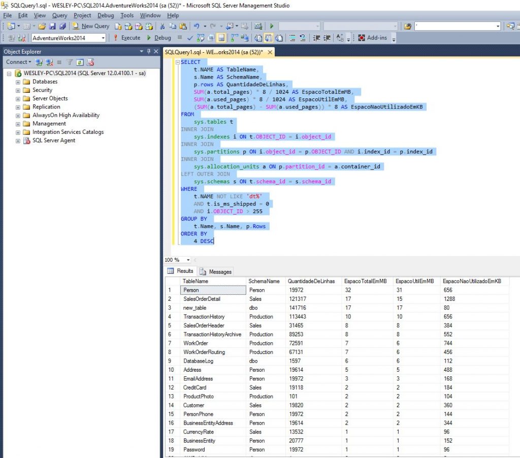 Listar as maiores tabelas no SQL Server
